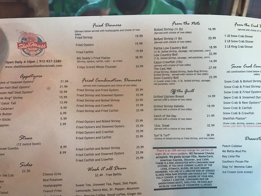 Menu at The ShellHouse Seafood Restaurant, Savannah