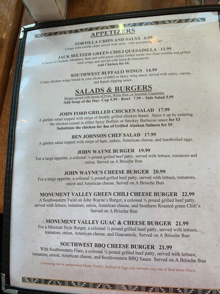 Menu at The View Restaurant, Oljato-Monument Valley