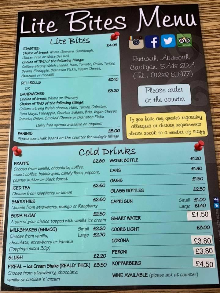 Menu at Waters edge Cafe, Aberporth