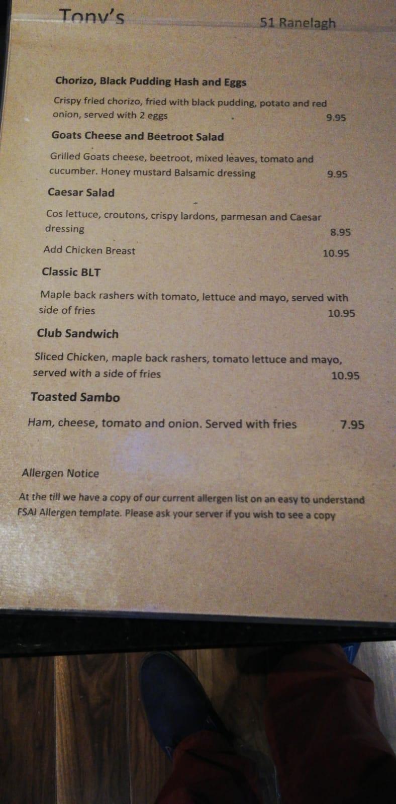 Menu at Tonys Cafe, Dublin
