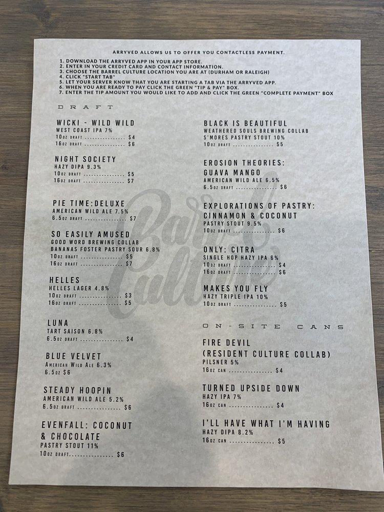 Menu at Barrel Culture, Raleigh