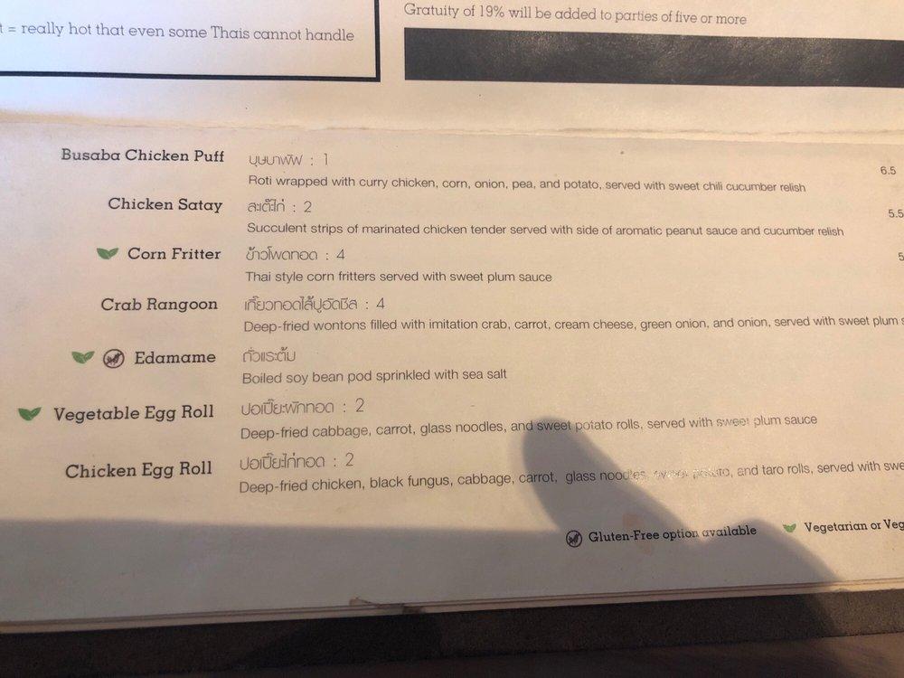 Menu at Busaba restaurant, Louisville