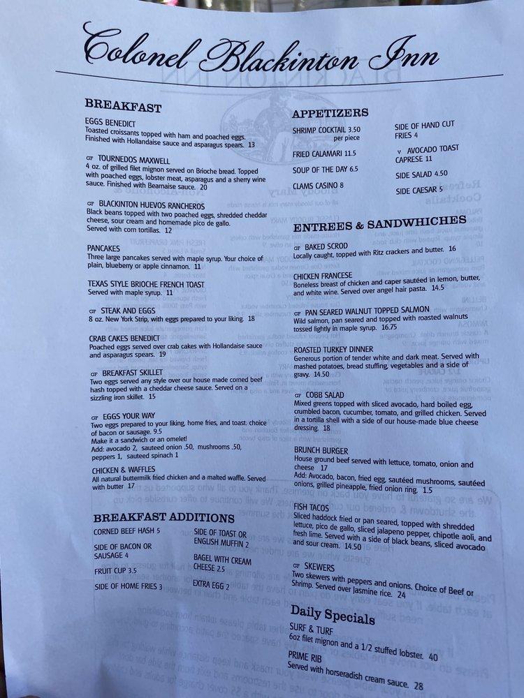 Menu at Colonel Blackinton Inn restaurant, Attleboro