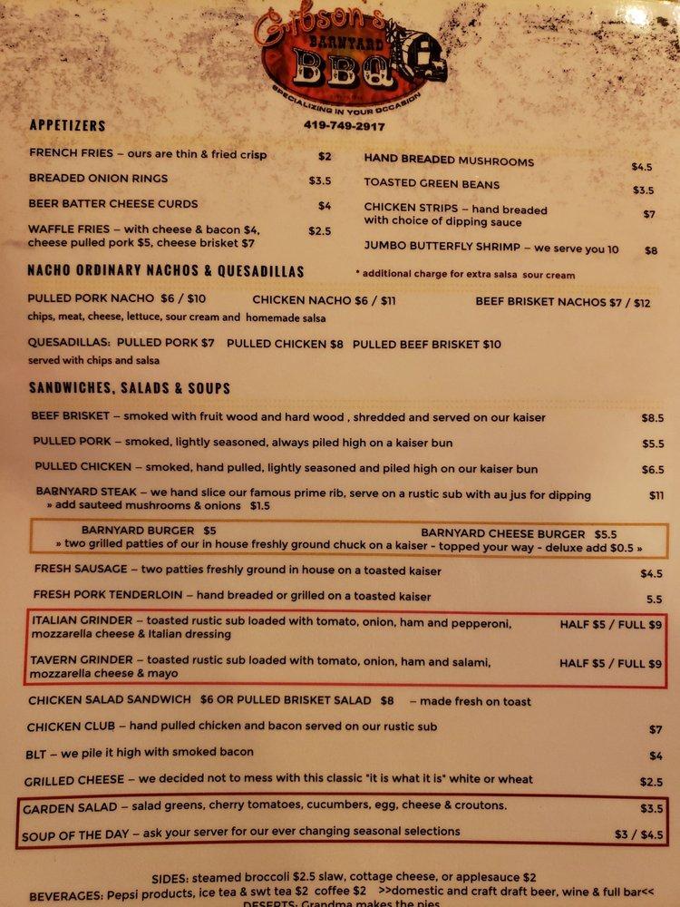 Carta de Gibson's Barnyard BBQ, Convoy