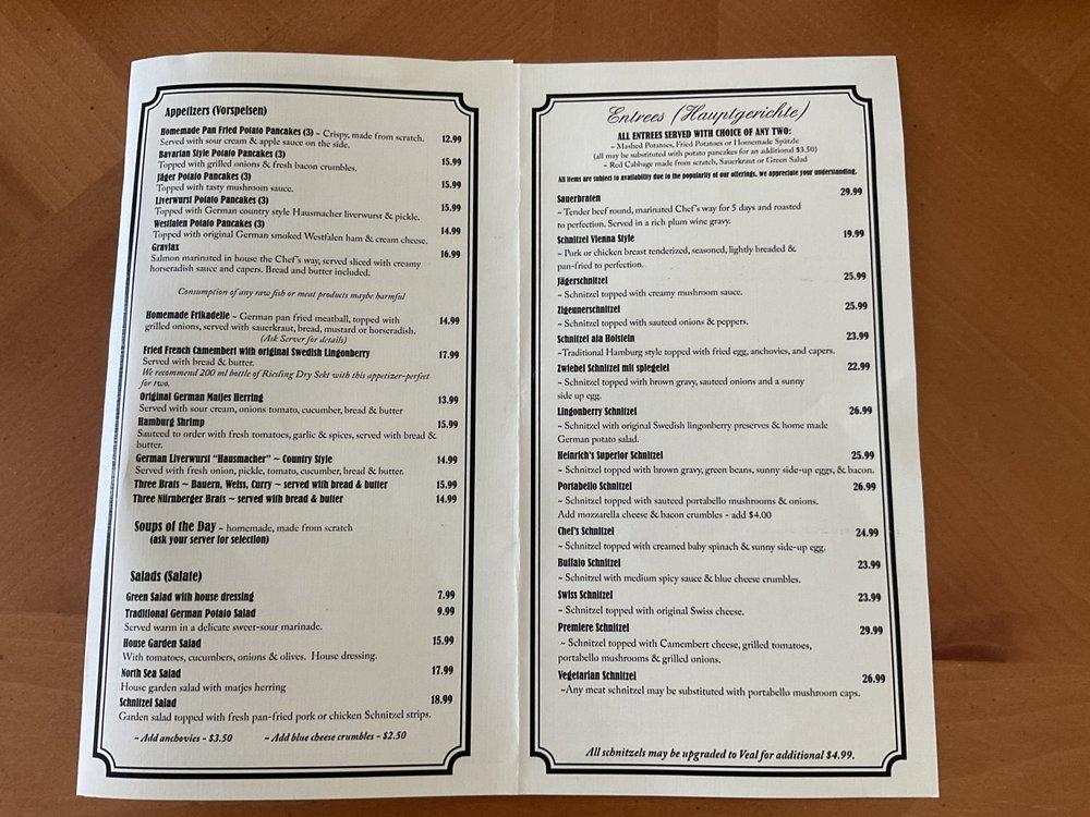 Menu at Heinrich's German Grill pub & bar, Sarasota