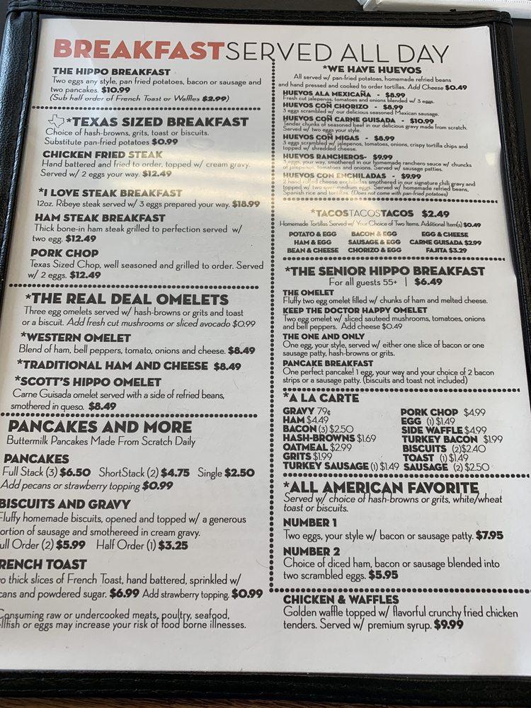 Menu at Hippo Café restaurant, Hutto