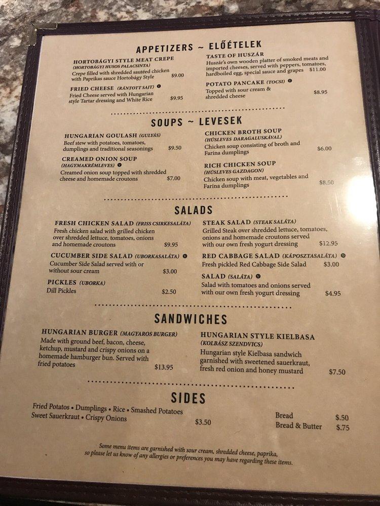 Menu at Huszar pub & bar, Pittsburgh