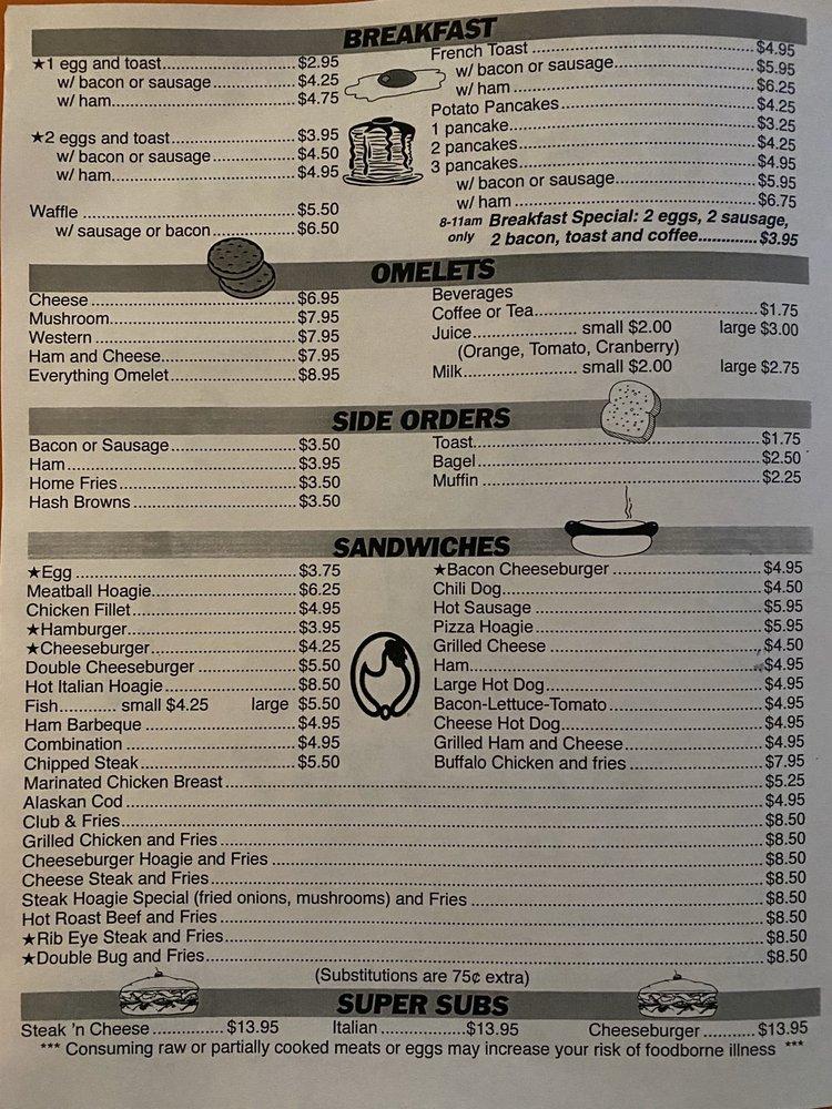 Menu at June Bug's Bar, Sutersville