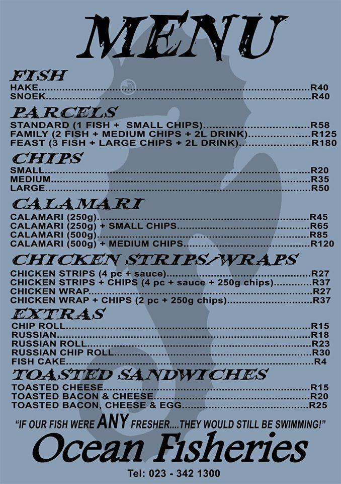 Menu at Ocean Fisheries restaurant, Worcester