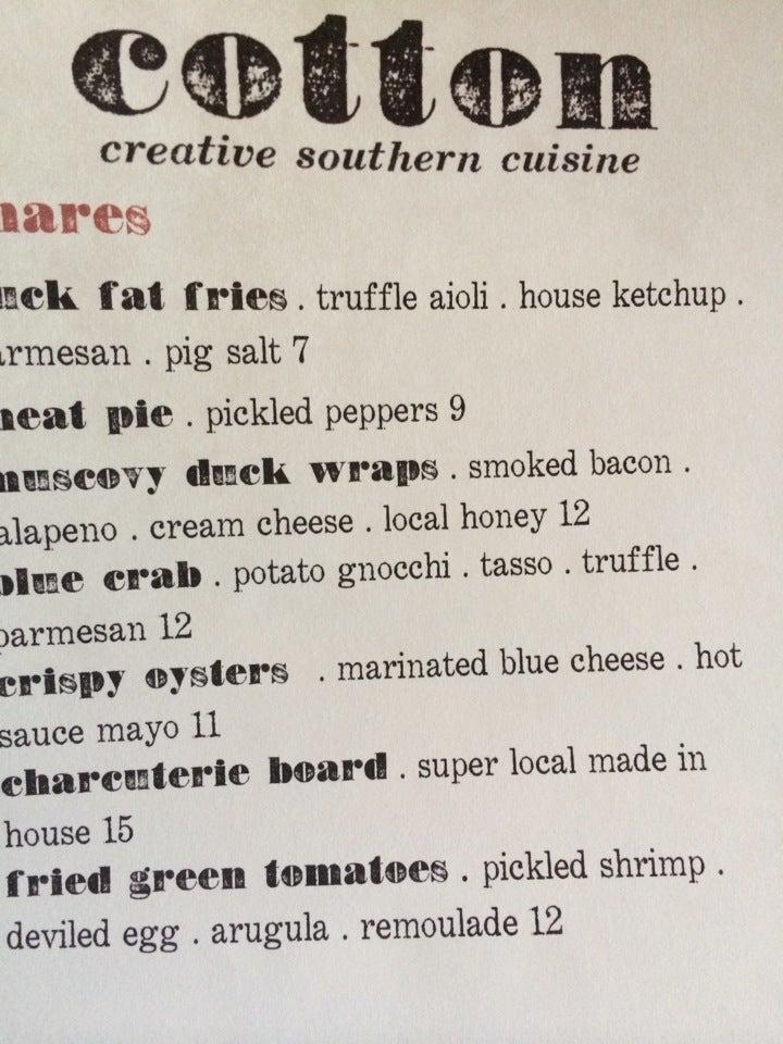 Menu at Restaurant Cotton, Monroe