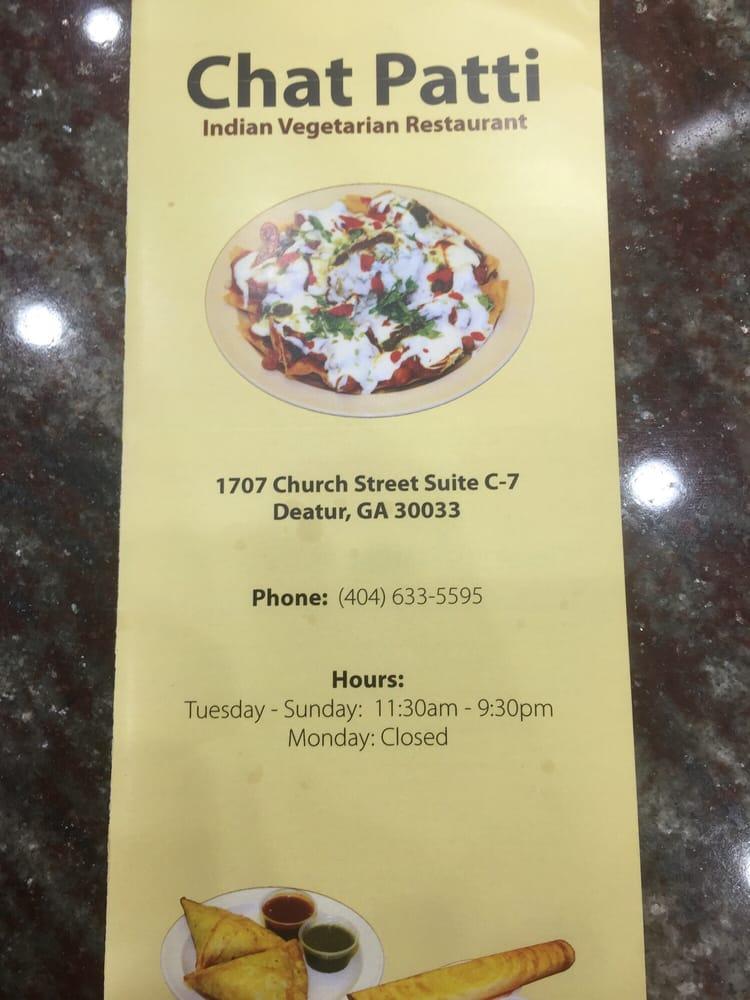 Menu at Chat Patti Indian Vegetarian Restaurant, Decatur, Church St ste c-7