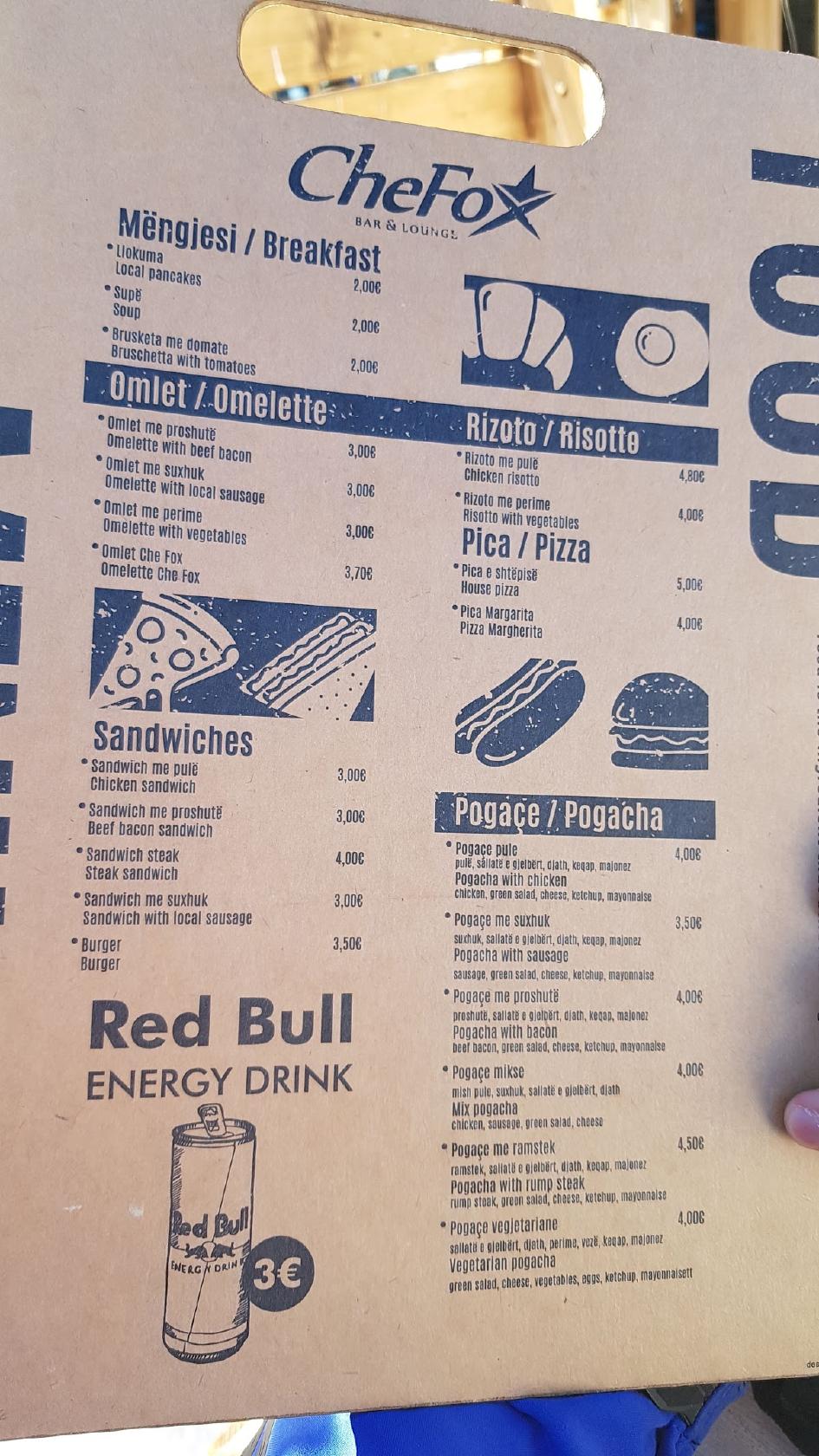 Menu at Fox cafe, Kosovo, Rruga e Brezovicës