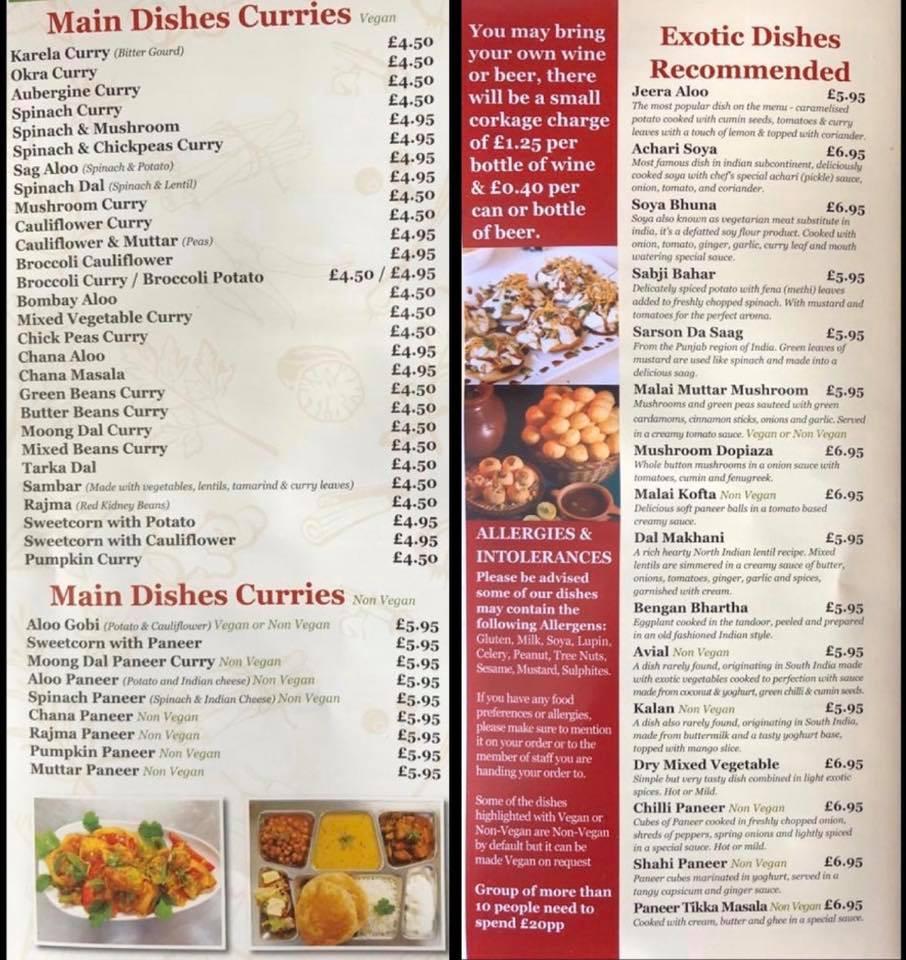 Menu at Jai Krishna restaurant, London, 161 Stroud Green Rd