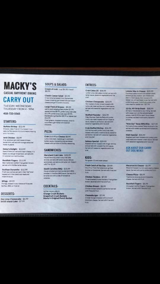 Menu at Macky's Bayside Bar & Grill, Ocean City