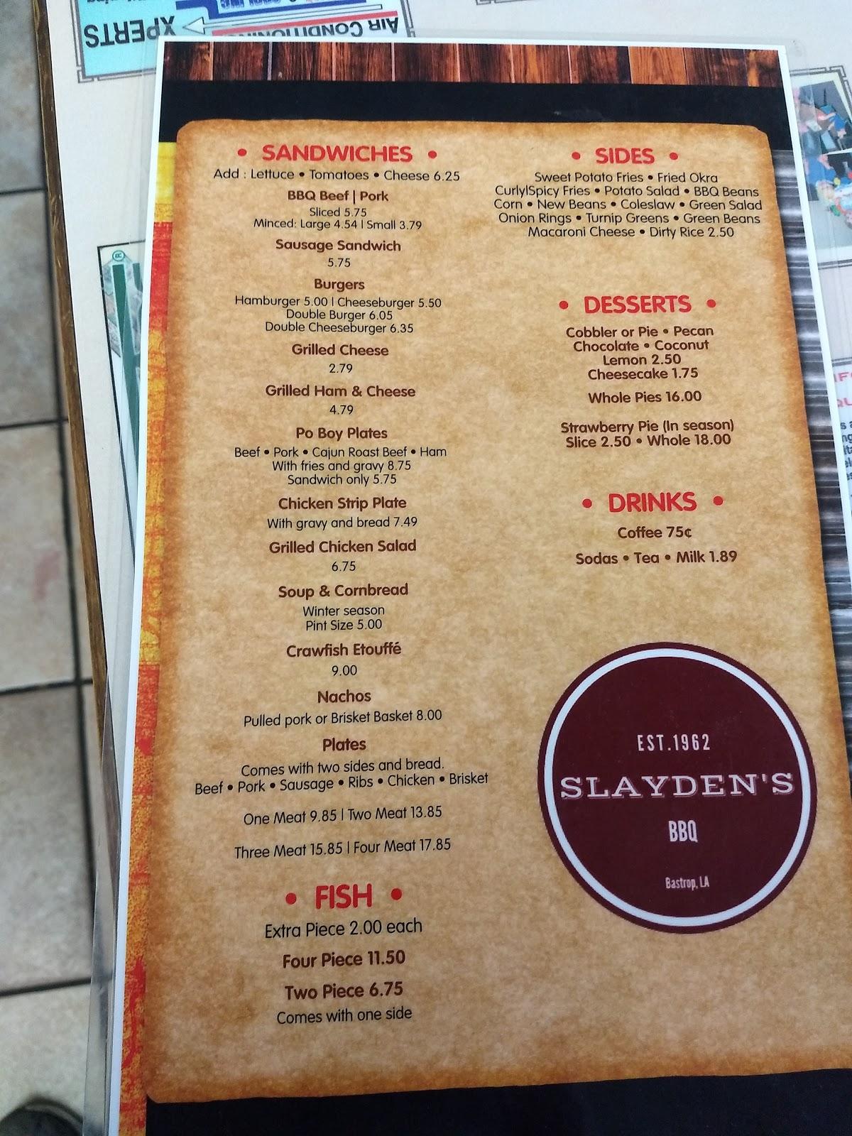 Menu at Slayden's Bar-B-Que, Bastrop