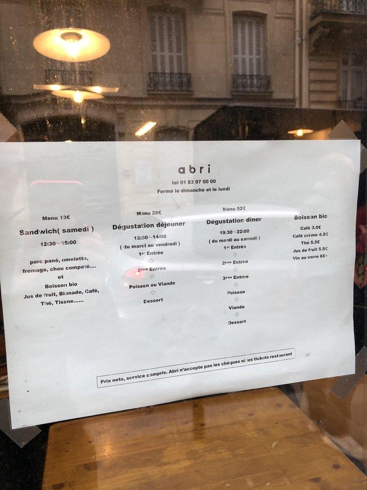 Menu at Abri restaurant, Paris