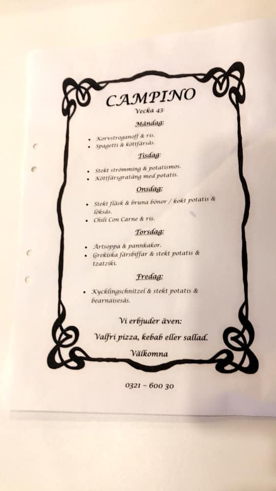 Menu at Campino restaurant, Sweden