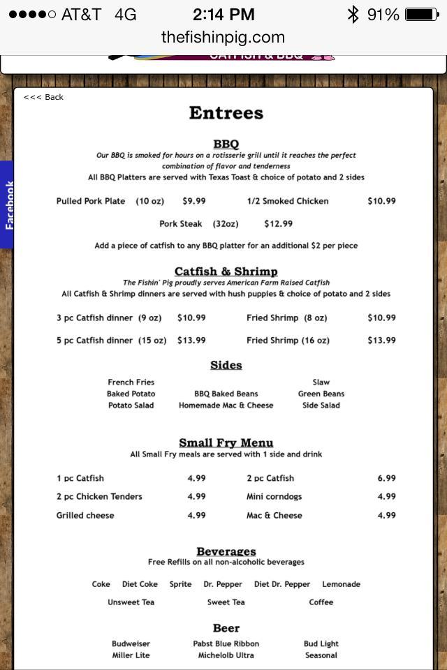 Menu at The Fishin' Pig BBQ, Poplar Bluff
