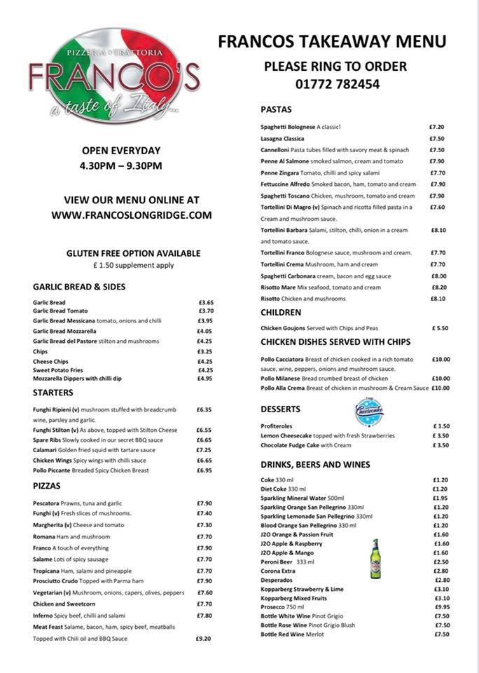 Menu at Francos Restaurant, Longridge