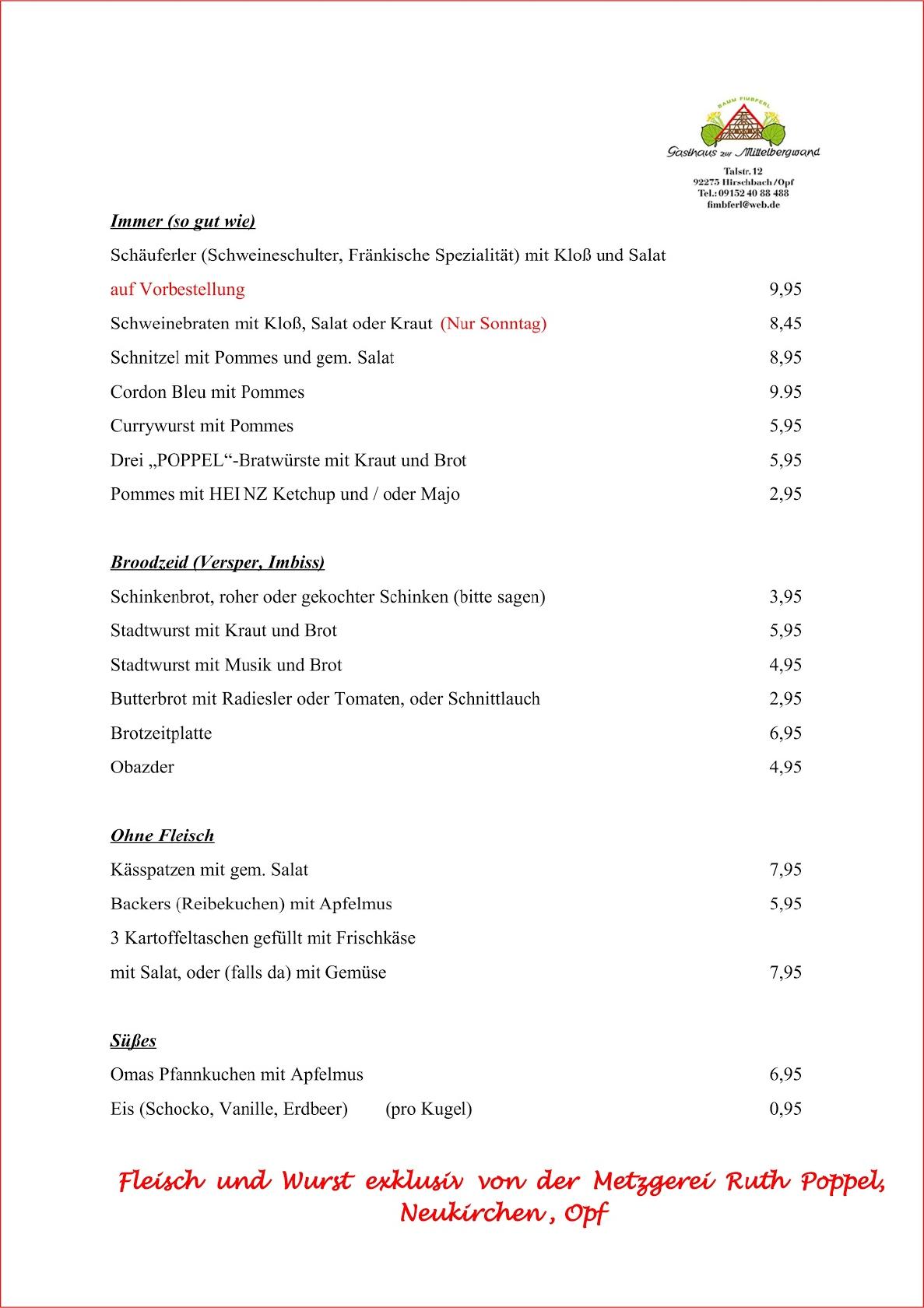 Menu at Gasthaus zur Mittelbergwand restaurant, Hirschbach
