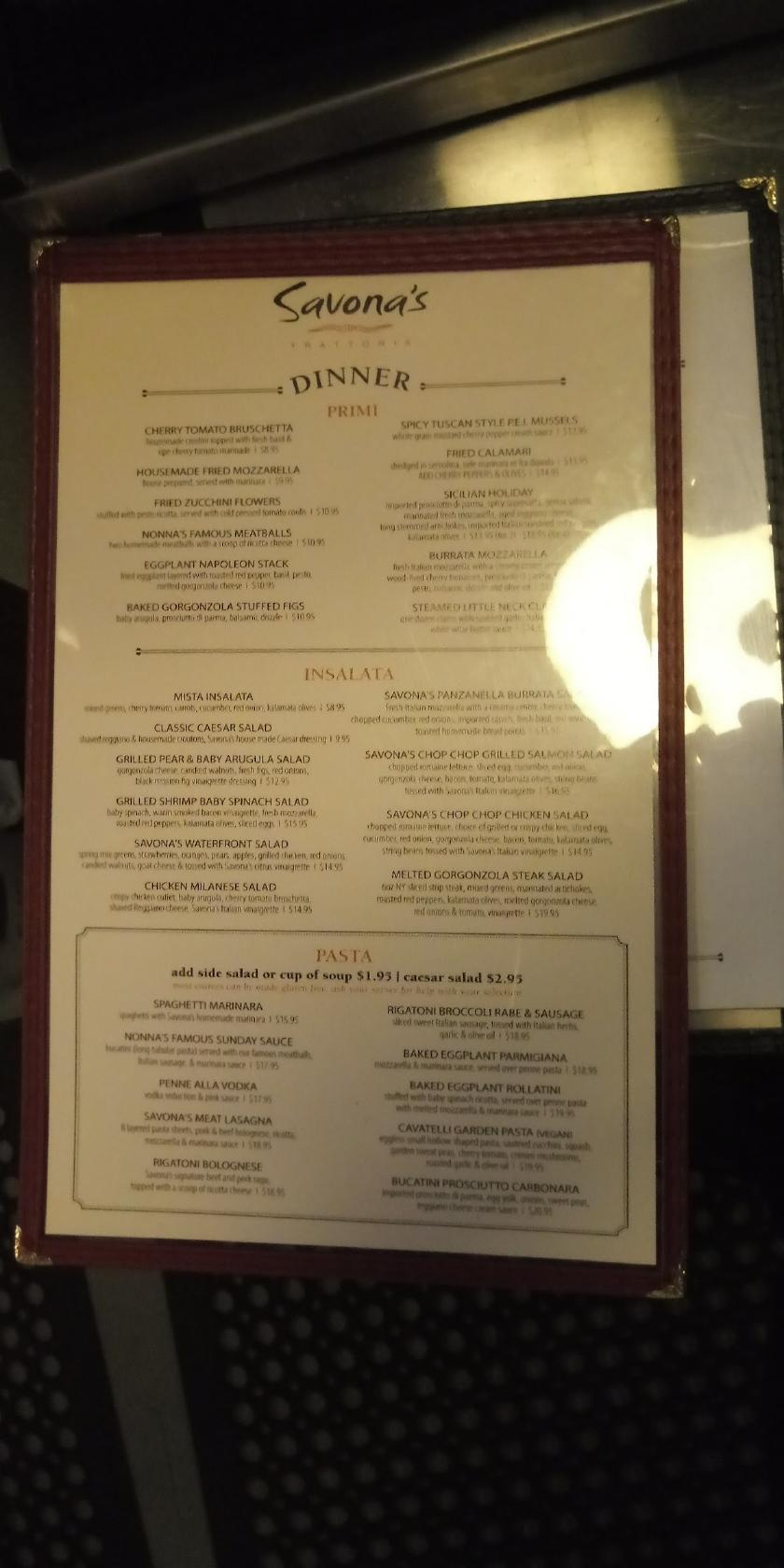 Menu at Savona’s Trattoria & Bar - Poughkeepsie, Poughkeepsie