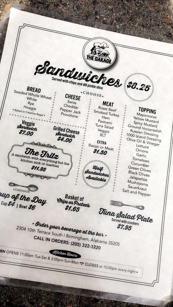 Menu at The Garage pub & bar, Birmingham