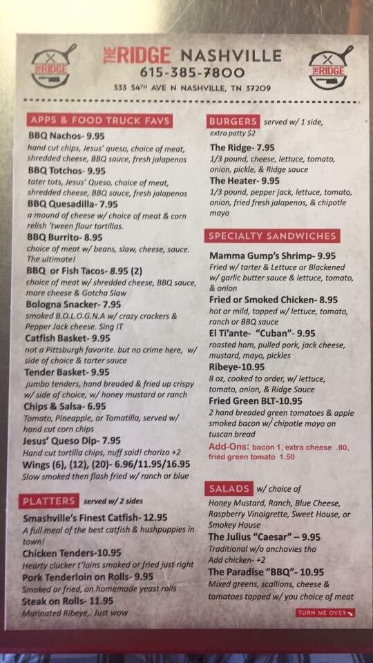 Menu at The Ridge BBQ, Nashville
