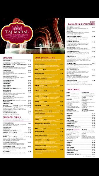 Menu at The Taj Mahal restaurant, Machynlleth