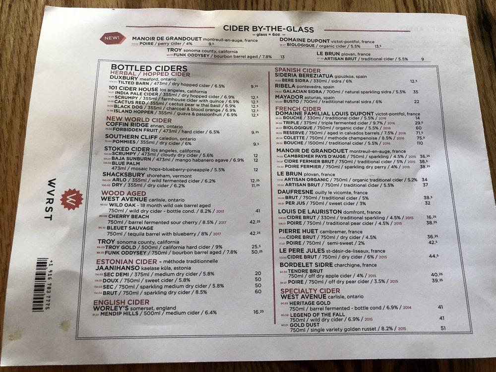 Menu at WVRST pub & bar, Toronto, 609 King St W