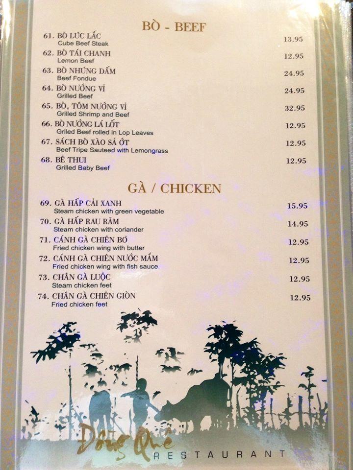 Menu at Dong Que Restaurant, San Jose