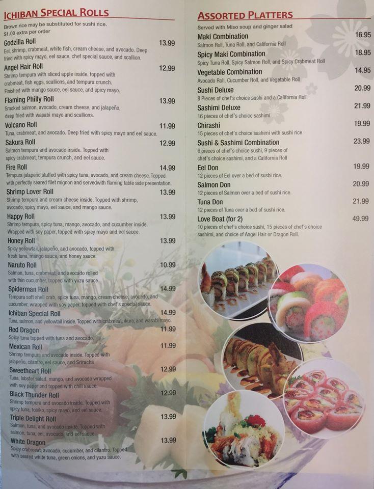 Menu at ICHIBAN restaurant, Chicago Ridge