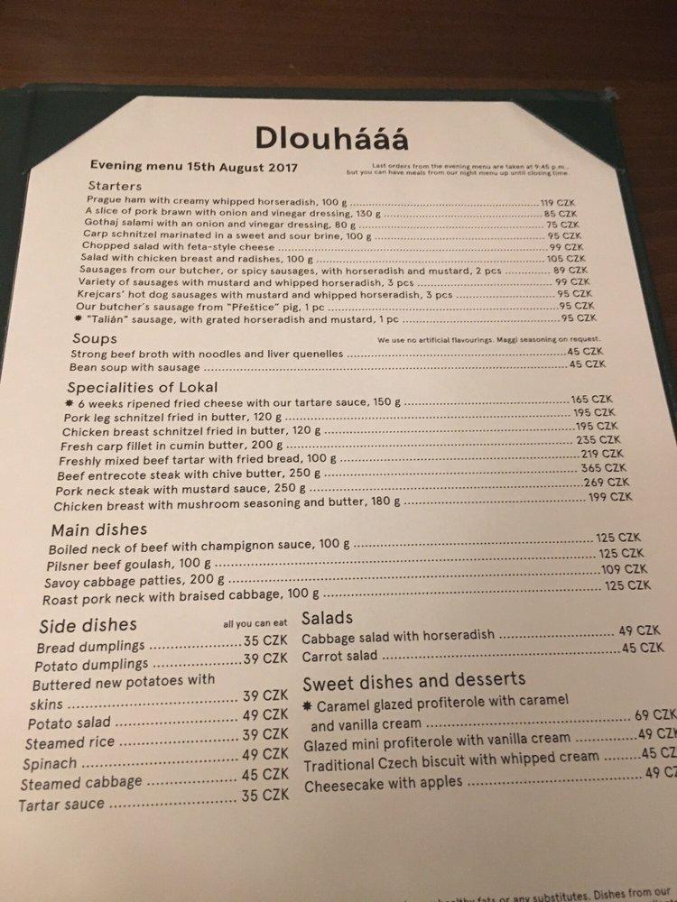 Menu at Lokál restaurant, Prague, Dlouhá 33