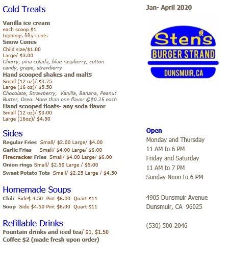 Carta del restaurante Sten’s Burger Strand, Dunsmuir