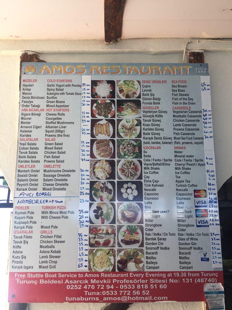 Menu at Amos Restaurant, İçmeler Belediyesi