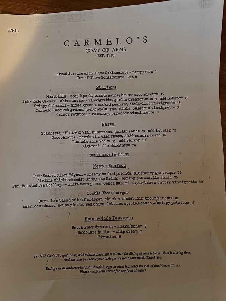Menu at Carmelo's Coat of Arms restaurant, Lewiston