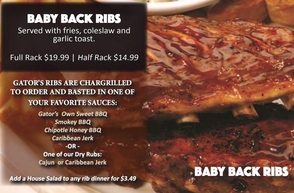Menu at Gator's Dockside Oakleaf restaurant, Jacksonville, Merchants Way
