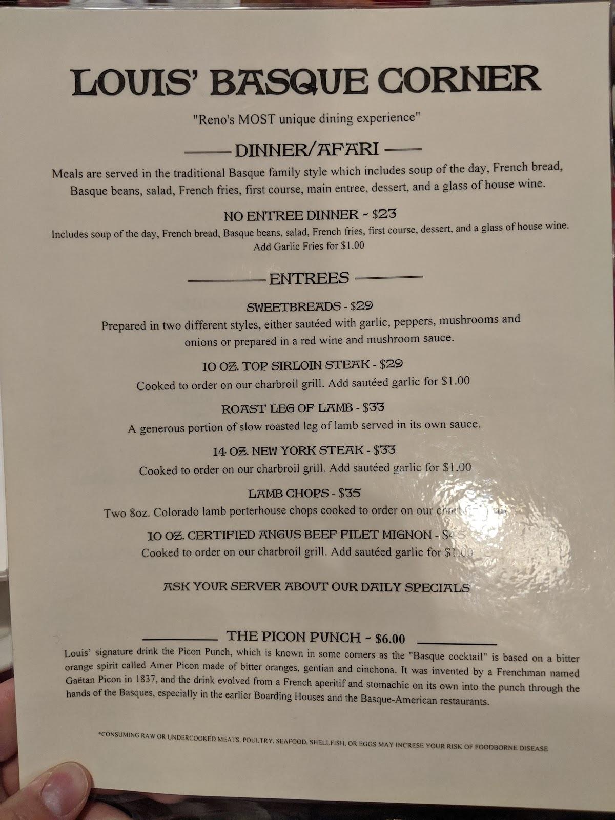 Menu at Louis' Basque Corner restaurant, Reno