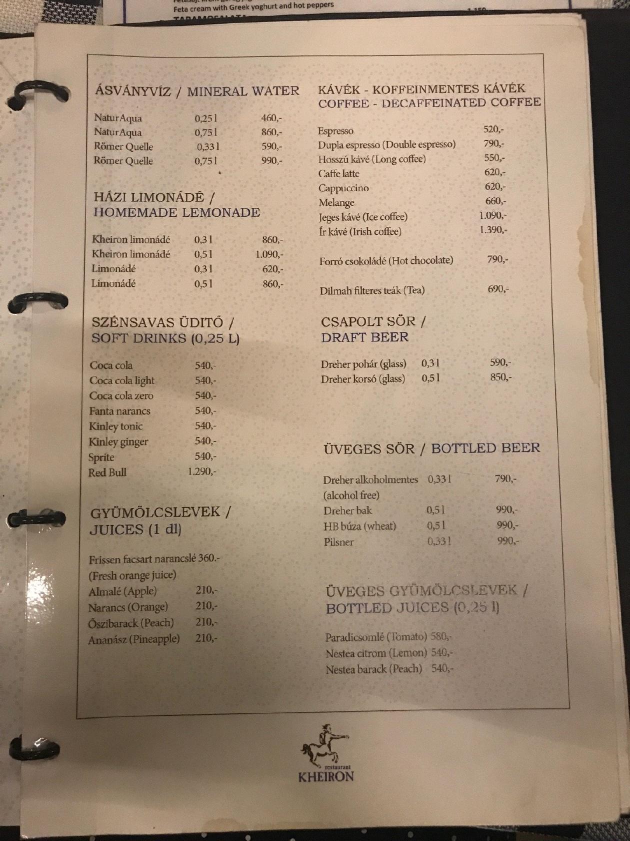 Menu at Mythos The Greek restaurant, Budapest