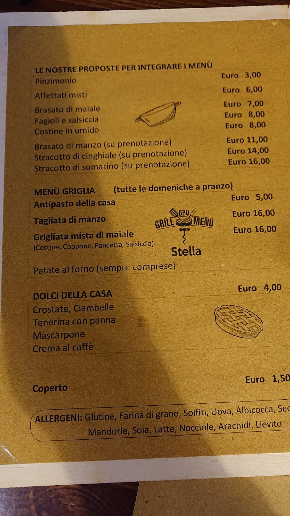 Menu at Trattoria Stella restaurant, Italy, Via Panaria Est