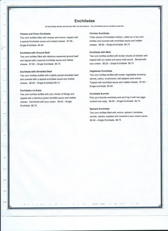 Menu at El Tesoro restaurant, Kuna