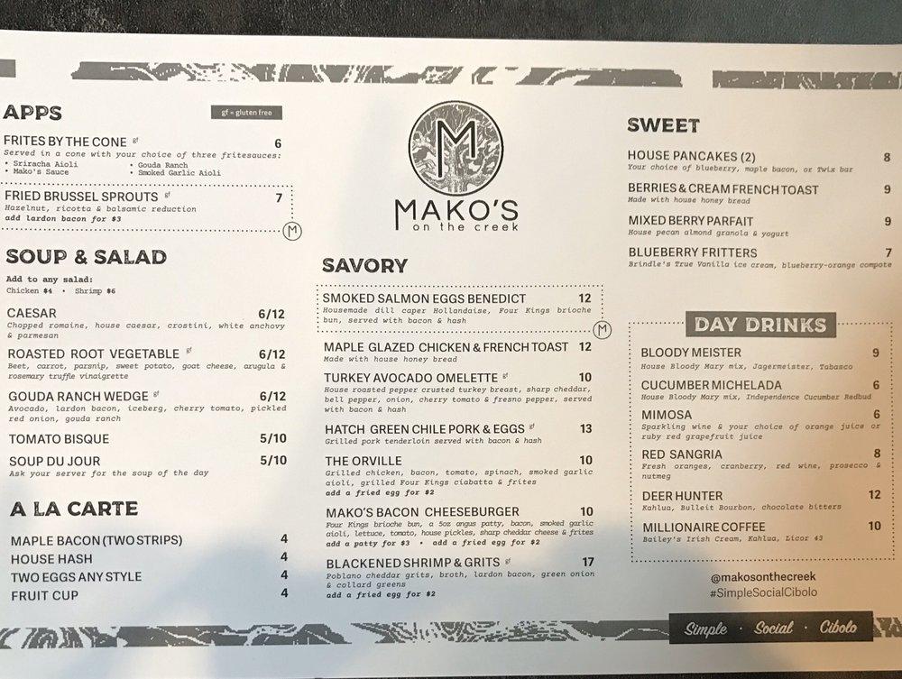 Menu at Mako's on the Creek restaurant, Cibolo