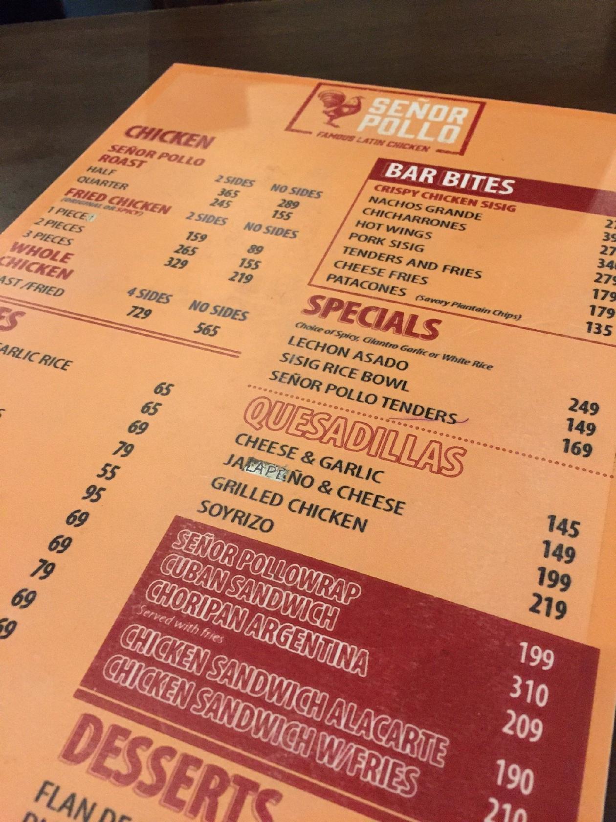 Menu at Señor Pollo restaurant, Pasig