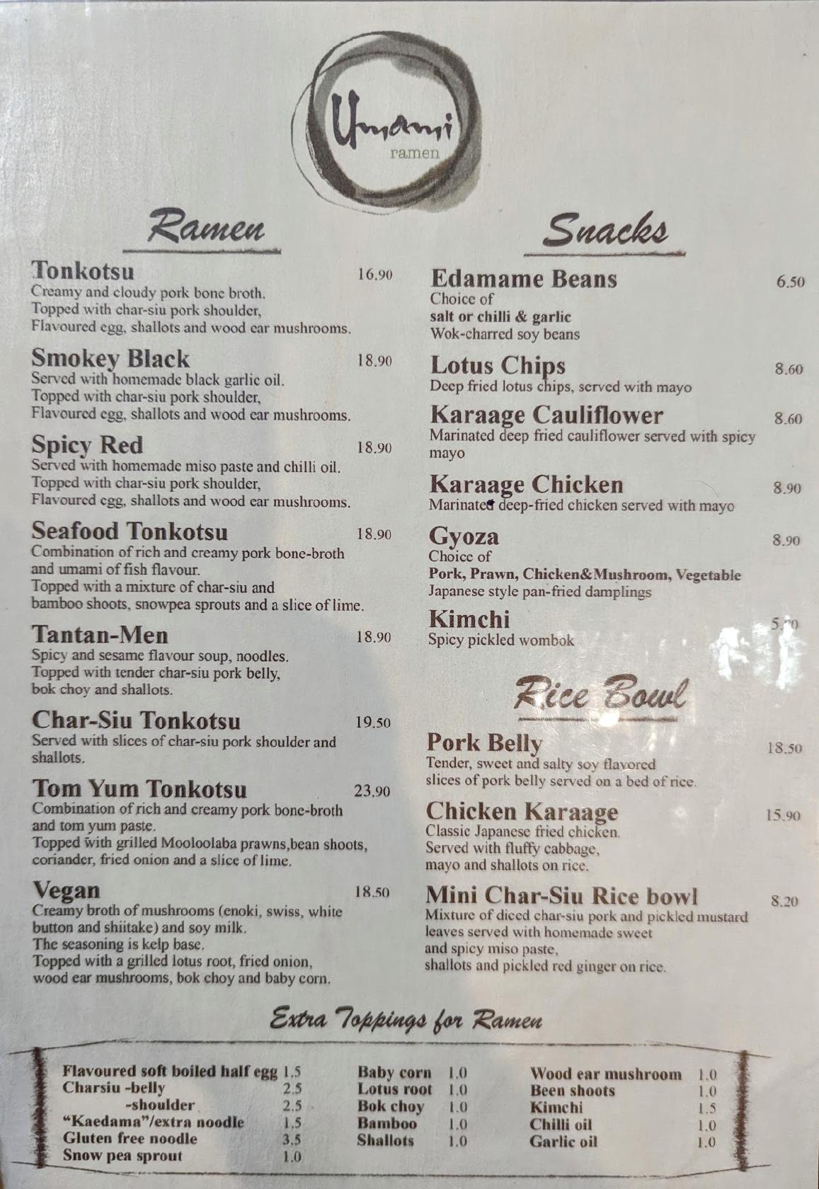 Menu at Umami Ramen restaurant, Maroochydore