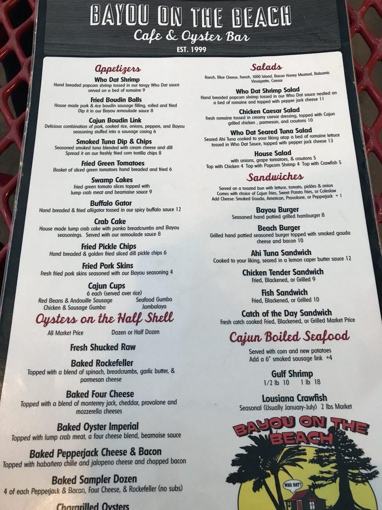 Menu at Bayou on the Beach restaurant, Panama City Beach, Hutchison Blvd