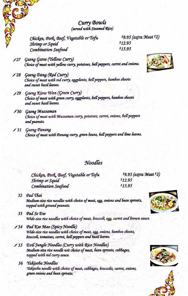 Menu at Chada Thai restaurant, Blaine