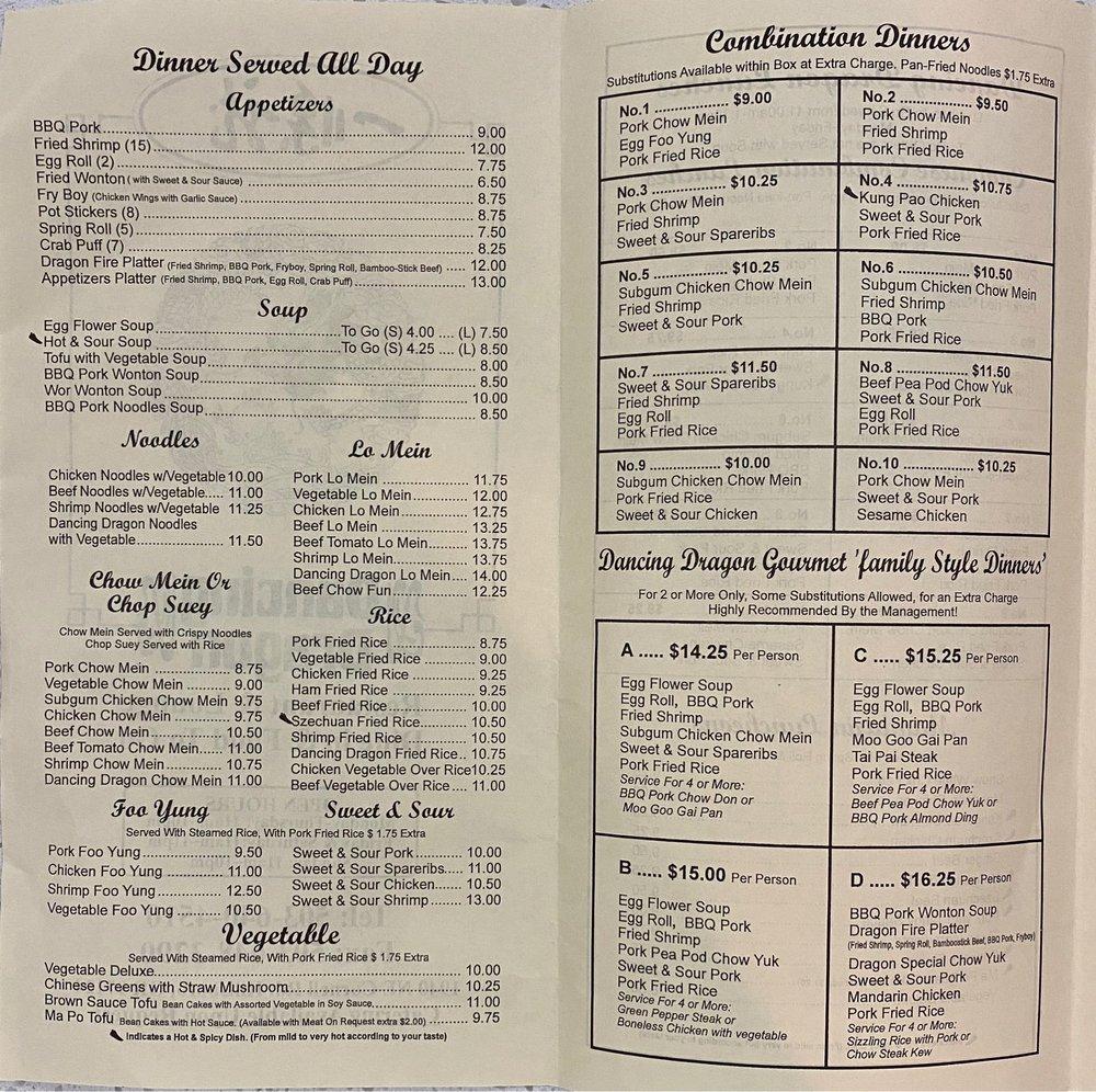 Menu at Dancing Dragon Restaurant, Hillsboro