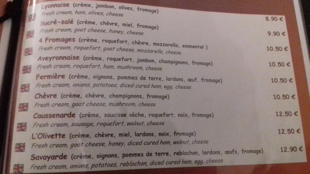 Menu at La Calabrese restaurant, Sainte-Enimie