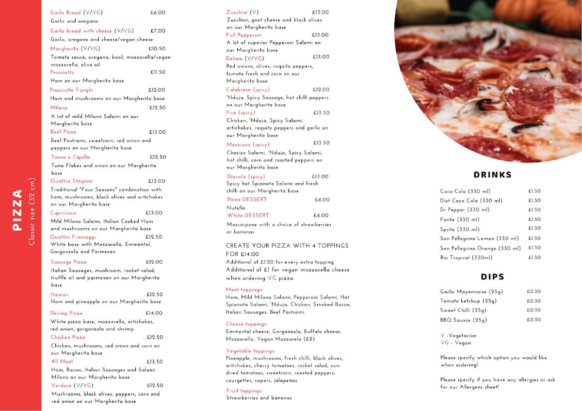 Menu at Pizza Venti restaurant, Salisbury