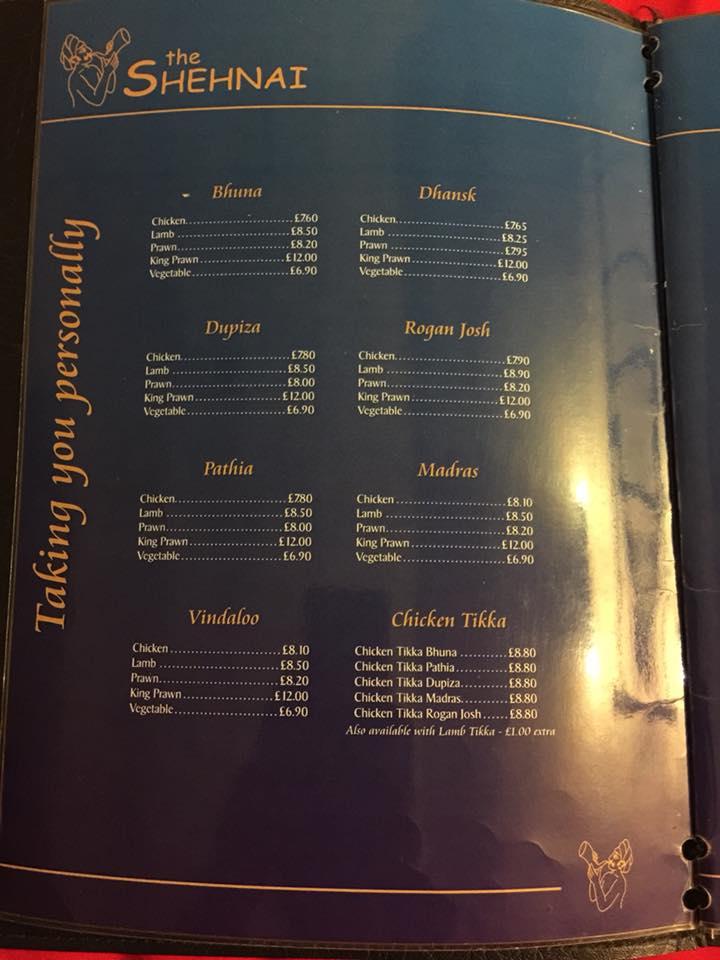 Menu at The Shehnai Indian Restaurant, Cupar