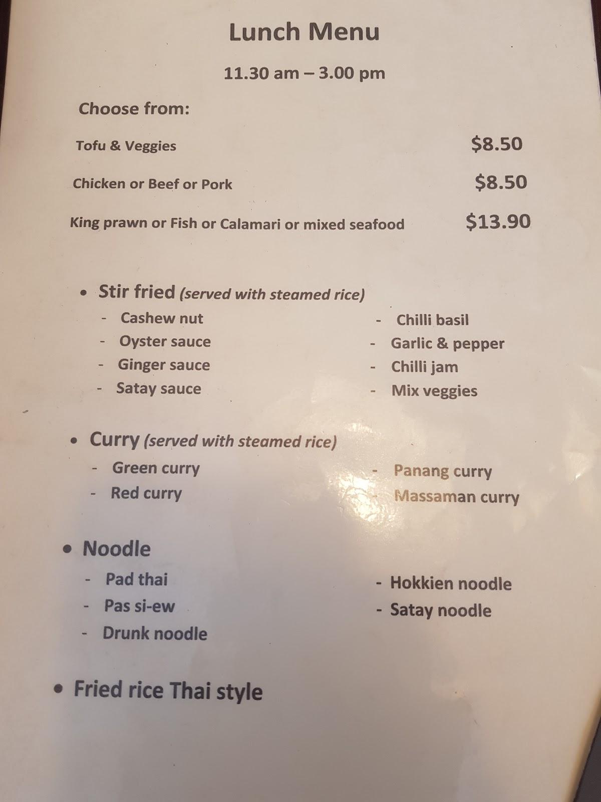 Menu at Ta Wan Thai restaurant, Waitara